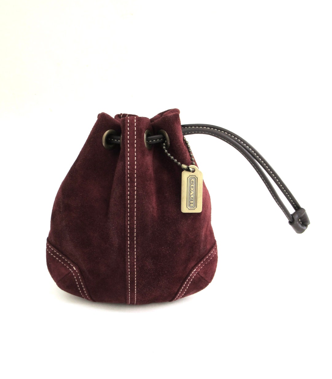 Vintage Coach Drawstring Pouch Sac Bag ... Burgundy Brown Suede Small ...