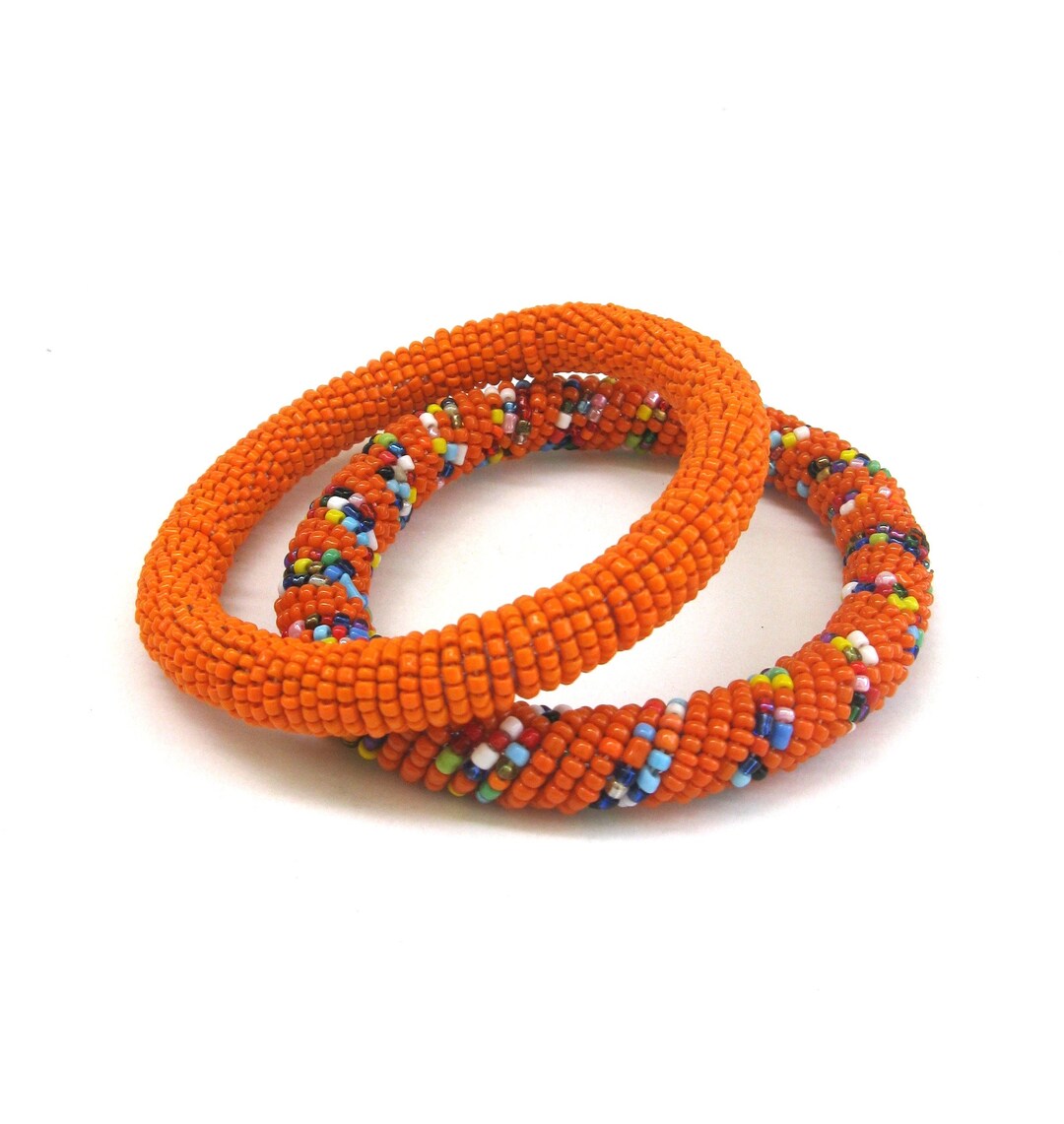 Kenyan Beaded Orange Statement Bracelets ... Pair of Maasai Bead ...