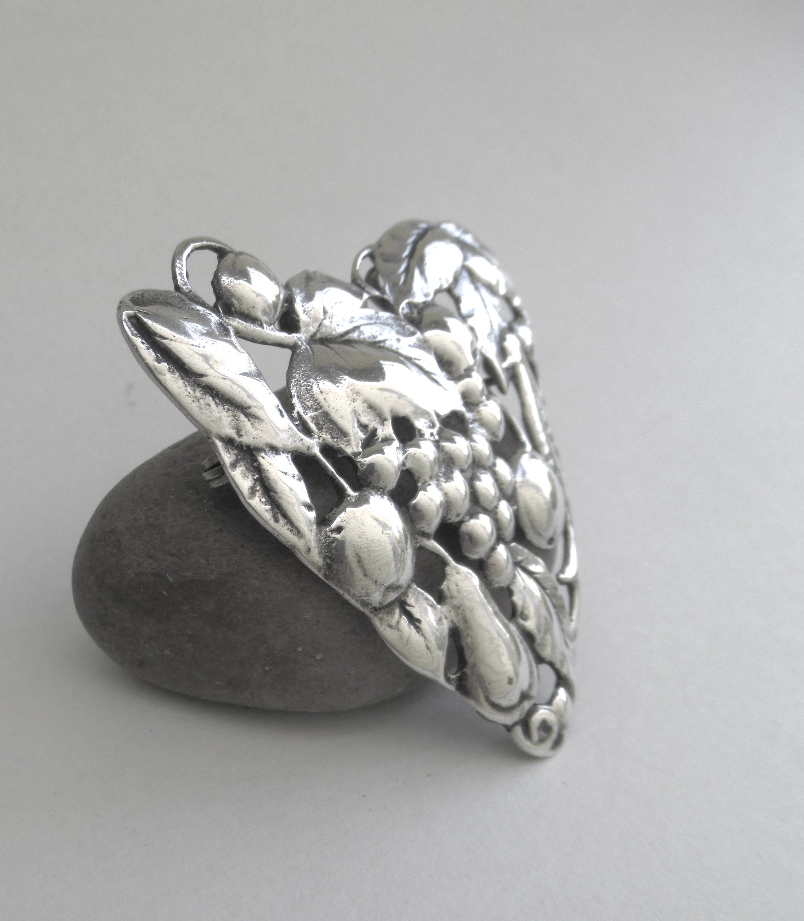 Unusual Vintage Sterling Silver Heart Pin ... Unique Grape Motif ...