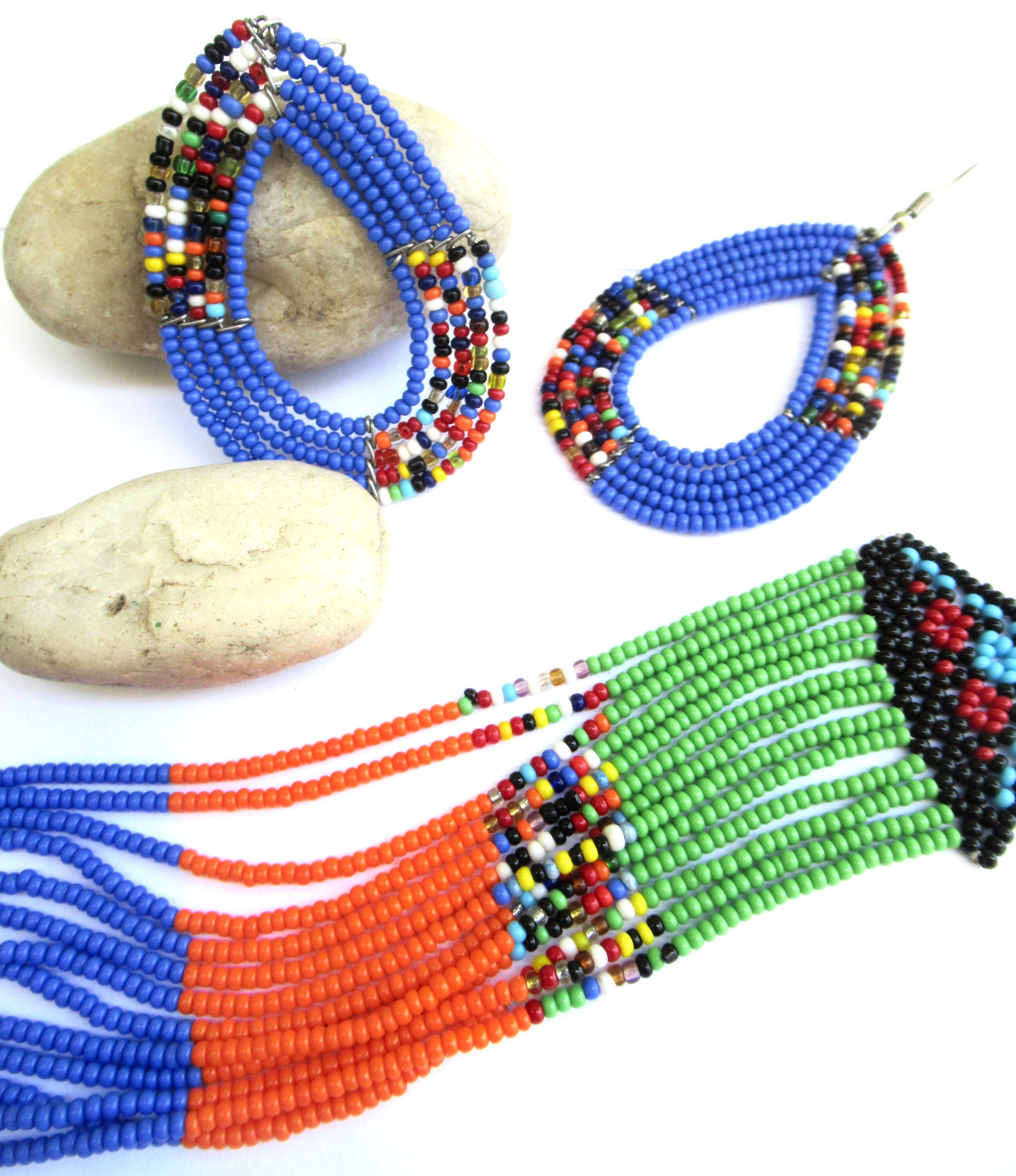 Kenyan Statement Maasai Earrings and Bracelet ... Multi Colored Beaded ...