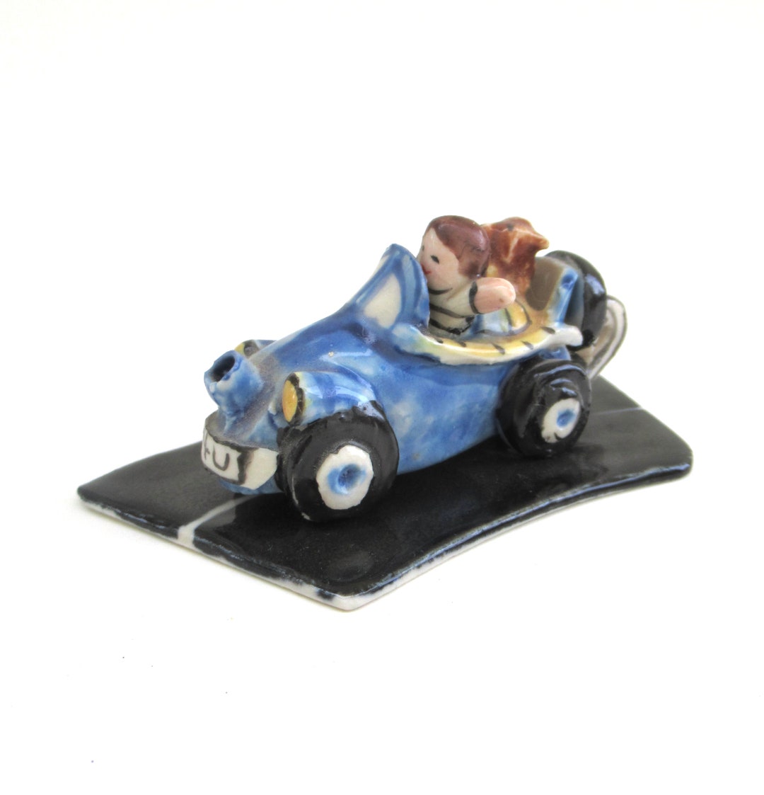 Vintage Artisan Ceramic Car Driving on a Ceramic Road ... Adorable Tiny ...