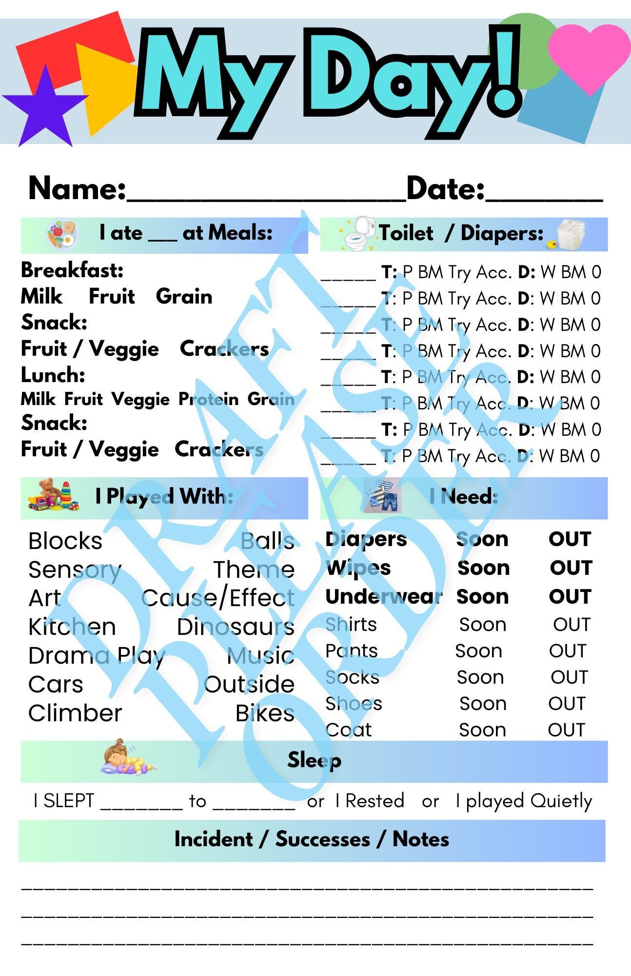 My Day Check in Sheet for Childcare, Daycare, Toddler - Etsy