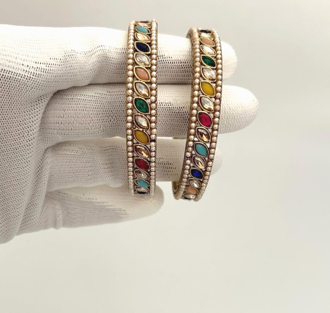 Rainbow Antique Gold Bangles: Multicolor Polki Karey, Metal Bangles - Etsy