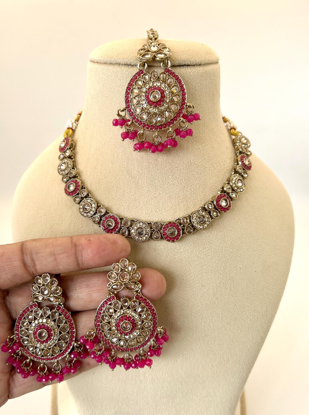 Antique Gold Hot Pink Necklace: Reverse AD Indian/pakistani Celebrity ...