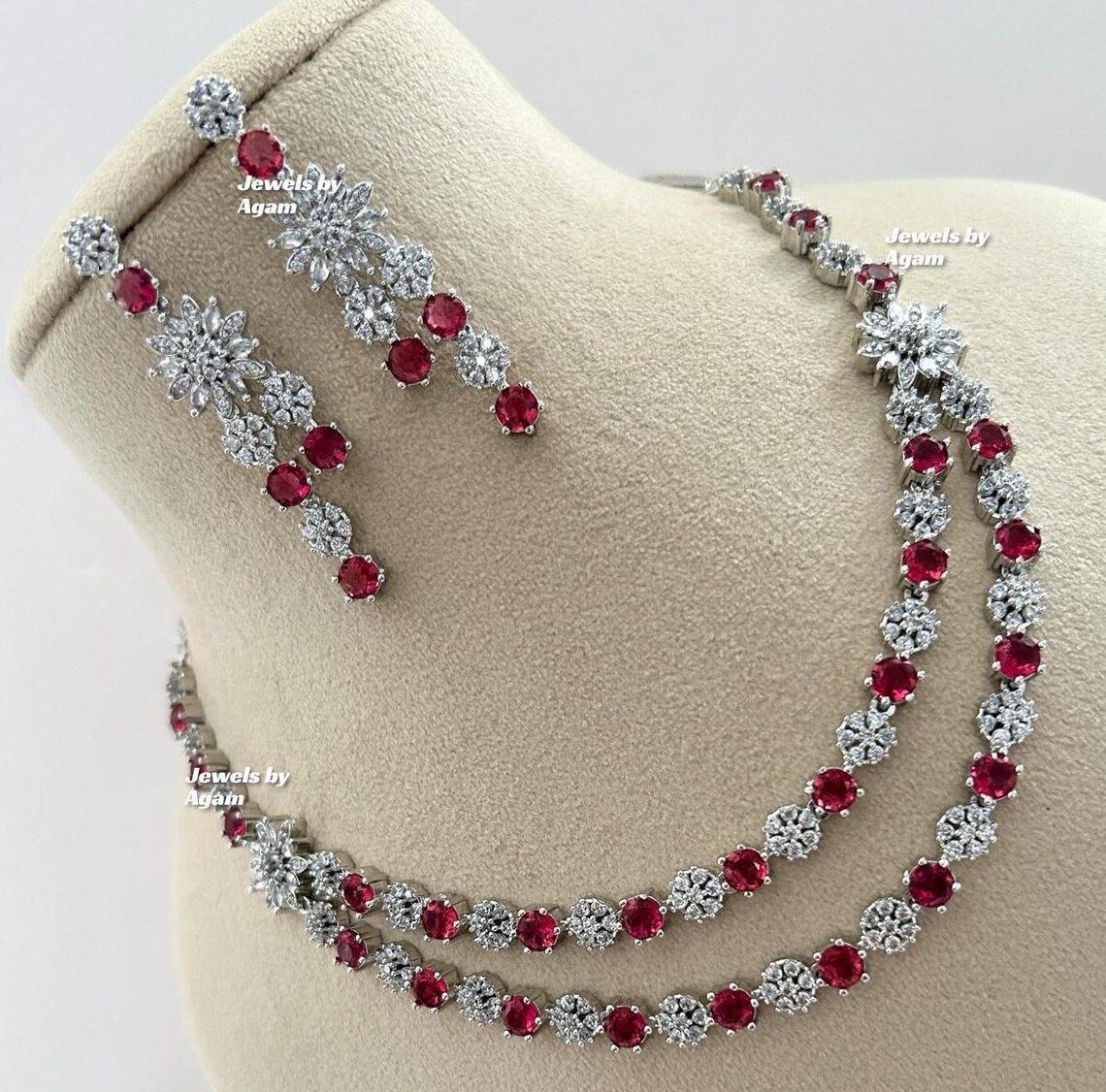 Red Maroon American Diamonds/ad Set: Silver Tone Celebrity Inspired ...