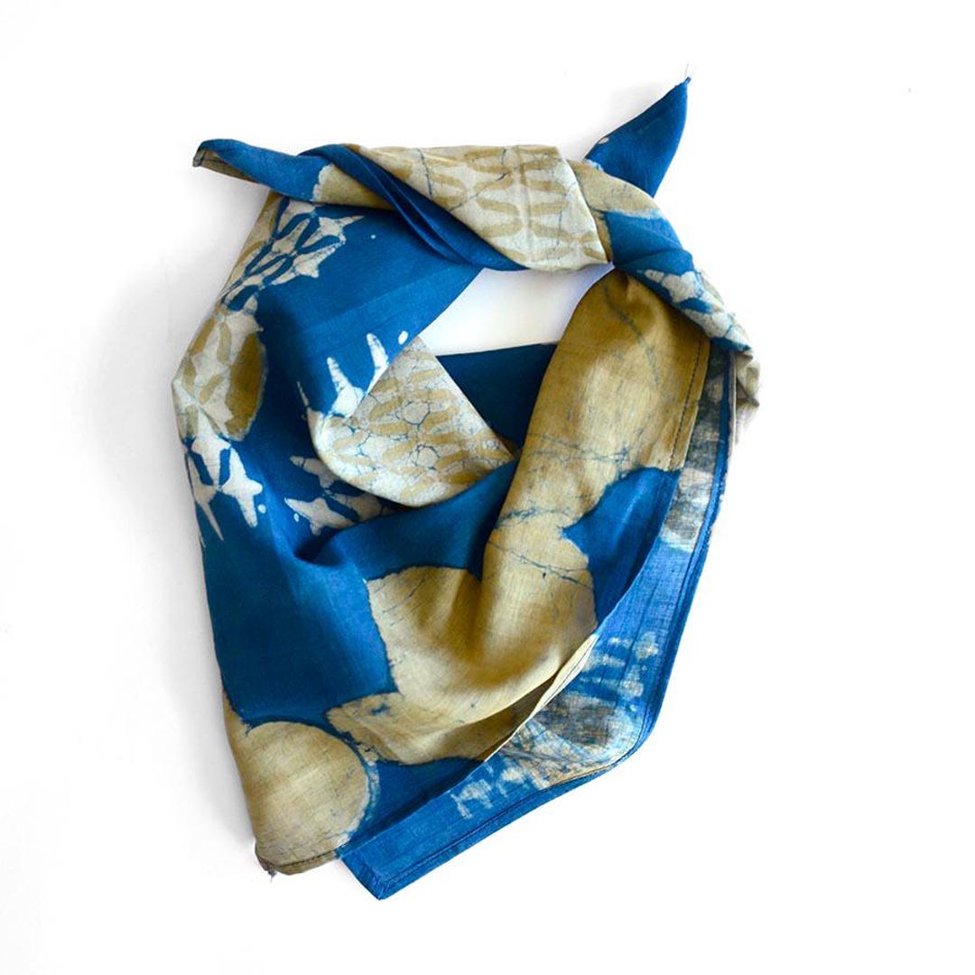 Indigo Silk Cotton Bandana, Block Print Head Scarf, Boho Hair Wrap ...