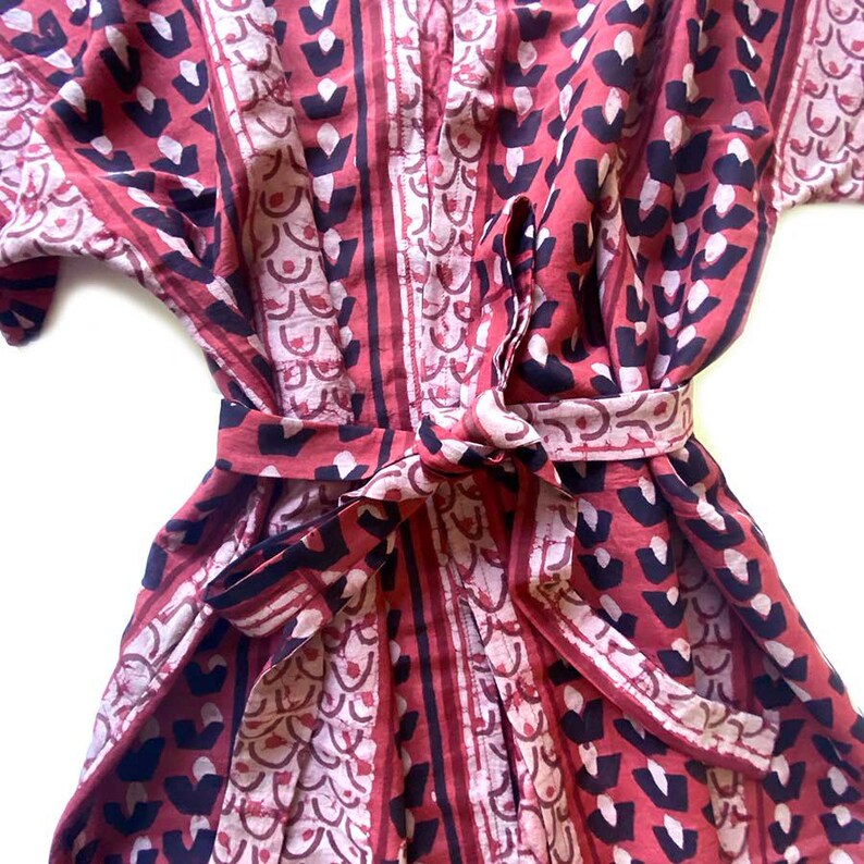 Red Kimono Robe Lightweight Cotton Silk Block Print Lounge Coverup ...