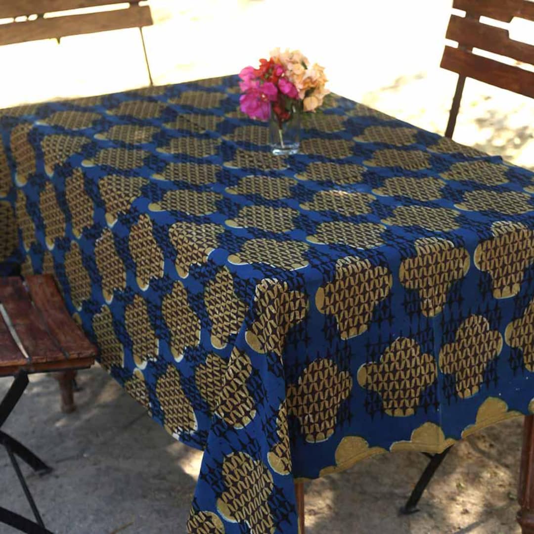 Indigo and Gold Block Print Tablecloth - Mali Design, Hand Dyed Organic ...