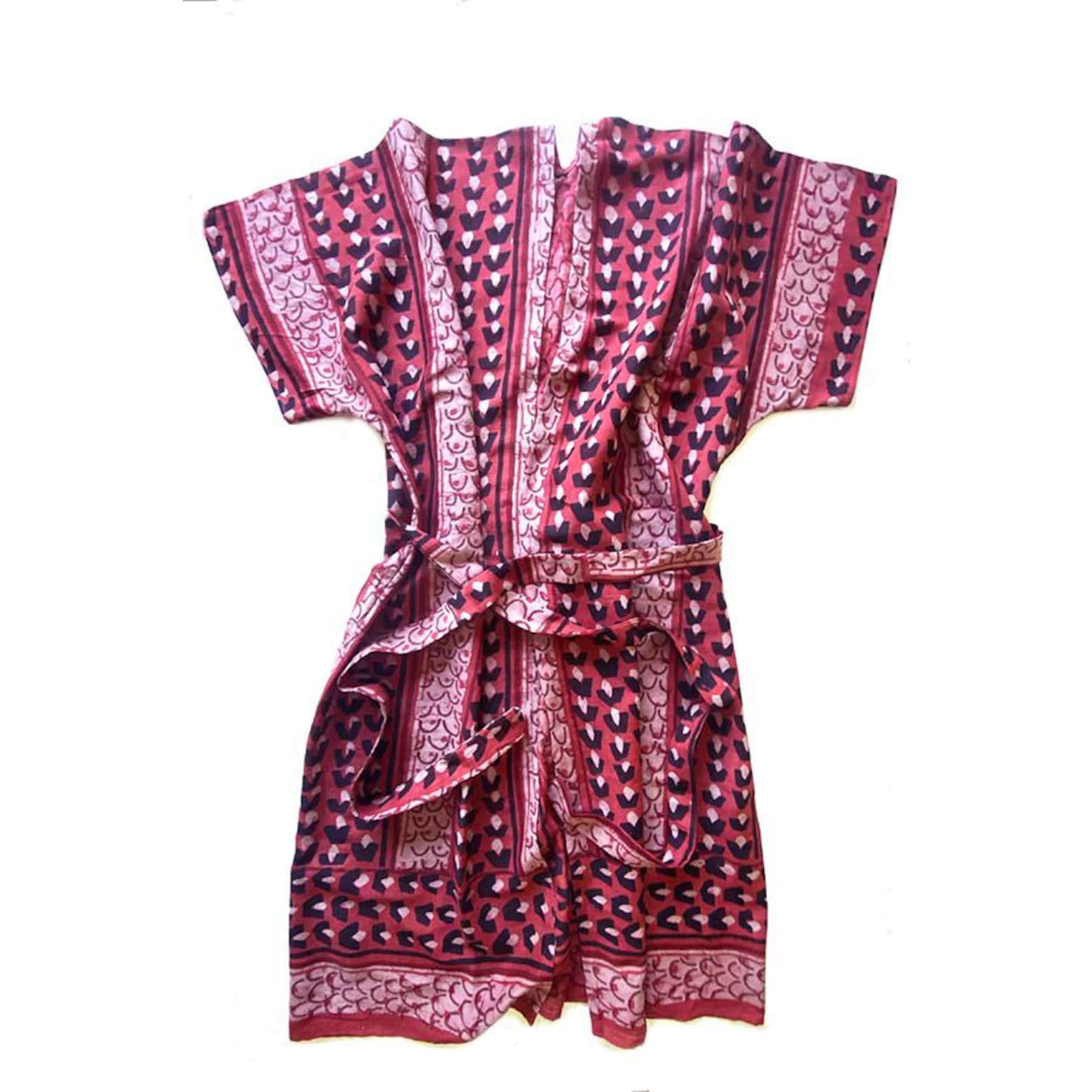 Red Kimono Robe Lightweight Cotton Silk Block Print Lounge Coverup ...