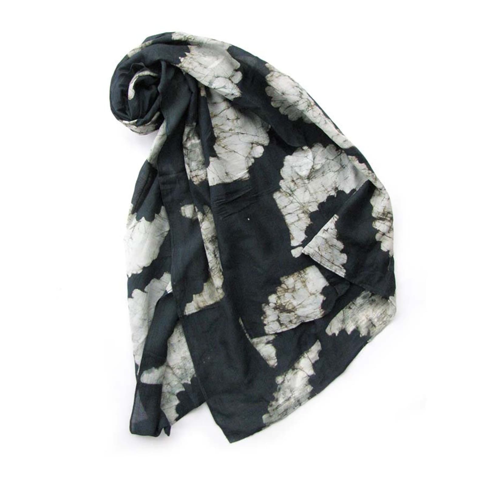 Black and White Block Print High End Scarf, Cotton Silk Natural Dye ...