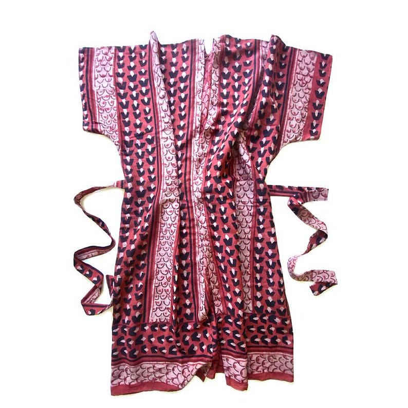 Red Kimono Robe Lightweight Cotton Silk Block Print Lounge Coverup ...