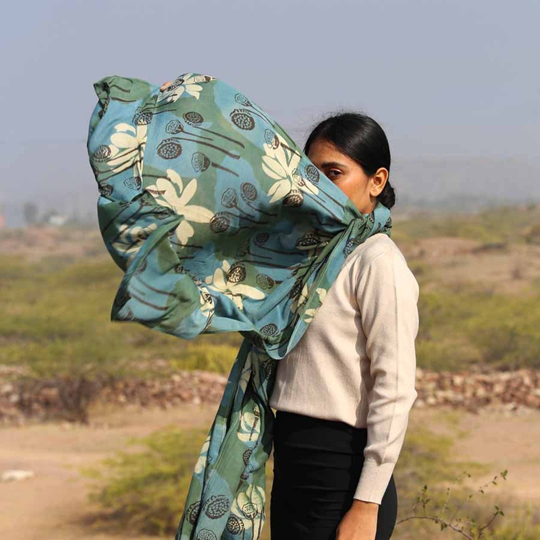 Block Printed Lotus Floral Garden Print Scarf Natural Dye Birthday Gift ...
