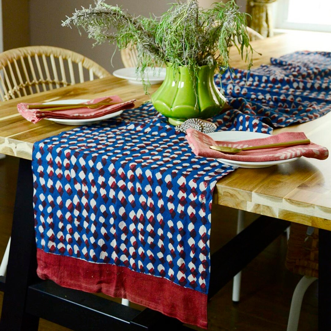 RED Diamond Print Red Blue and White Table Runner Organic Cotton Linens ...