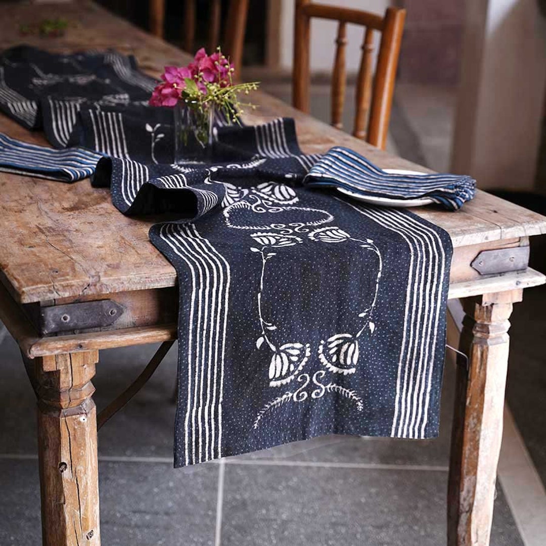 Blackish Blue and White Block Print Table Runner / Organic Cotton ...