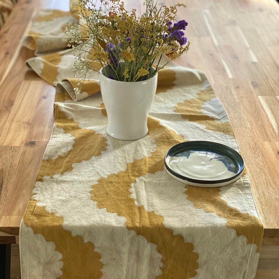 Golden Yellow WAVY Line Table Runner Organic Cotton Wedding Linens ...