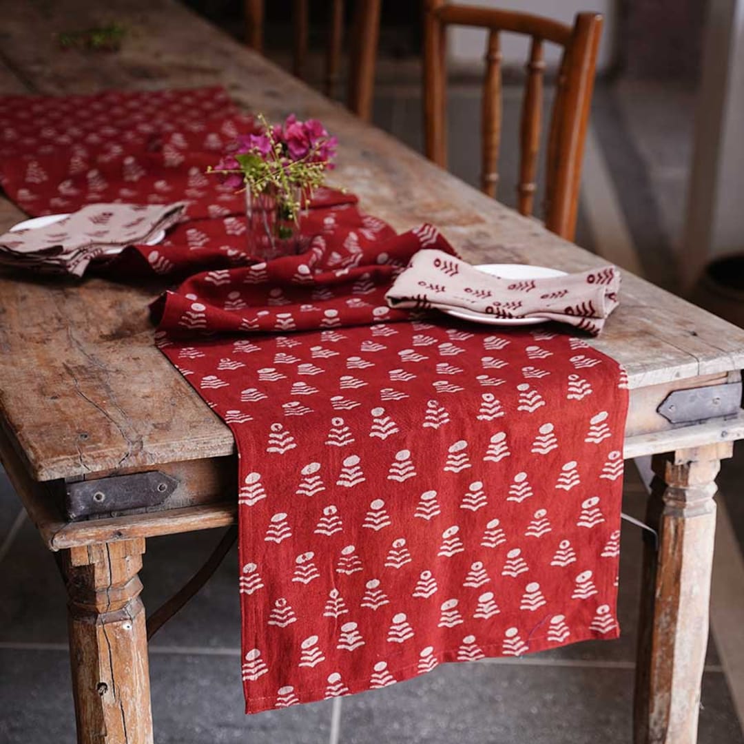 RED Table Runner Marigold Print Design Block Print Boho Chic Organic ...