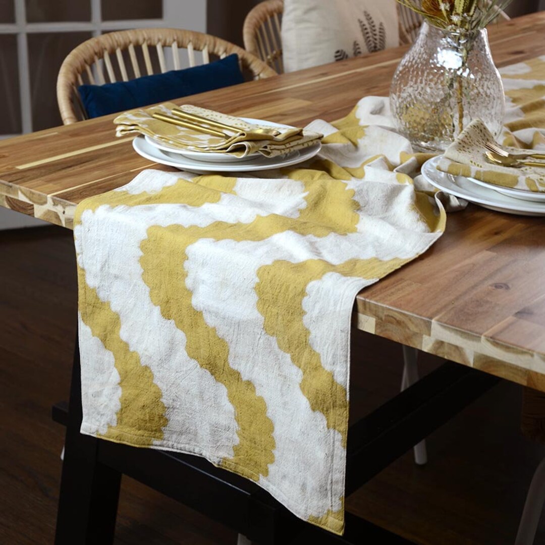 Golden Yellow WAVY Line Table Runner Organic Cotton Wedding Linens ...
