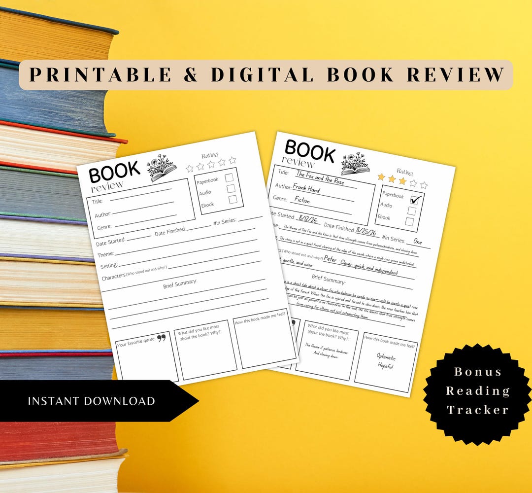 Printable Book Review Template,book Tracker, PDF Download - Etsy
