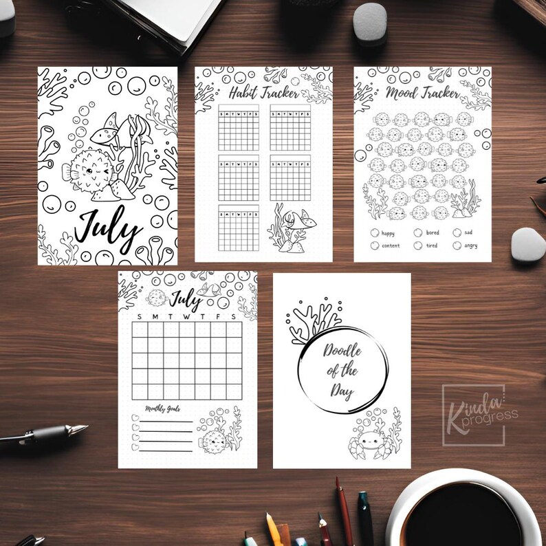 July Monthly Printable Journal Page Bundle - Fish/coral Theme - Title ...