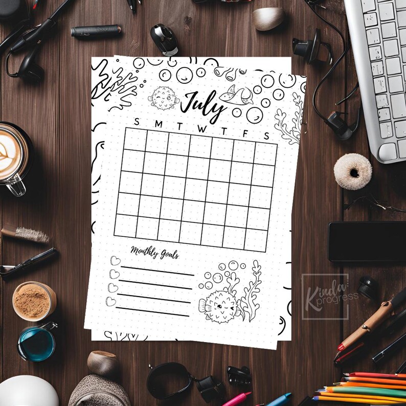 July Monthly Printable Journal Page Bundle - Fish/coral Theme - Title ...