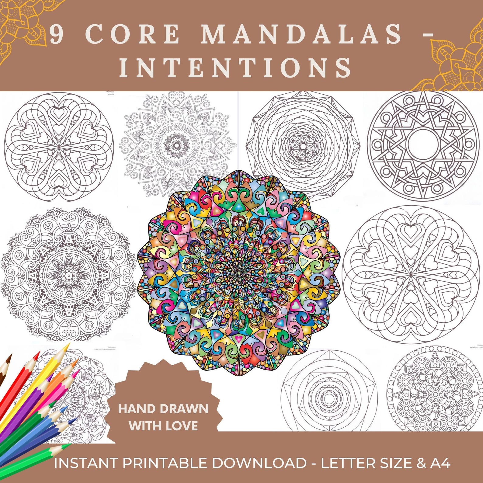 9 Core Mandalas Coloring Pages Set: Hand-drawn Designs With ...