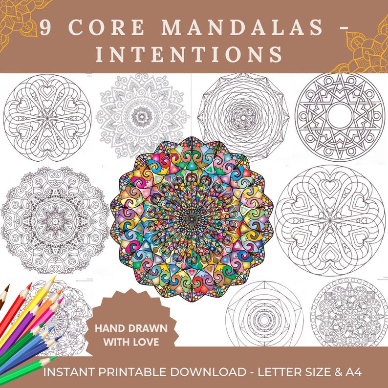 9 Core Mandalas Coloring Pages Set: Hand-drawn Designs With ...