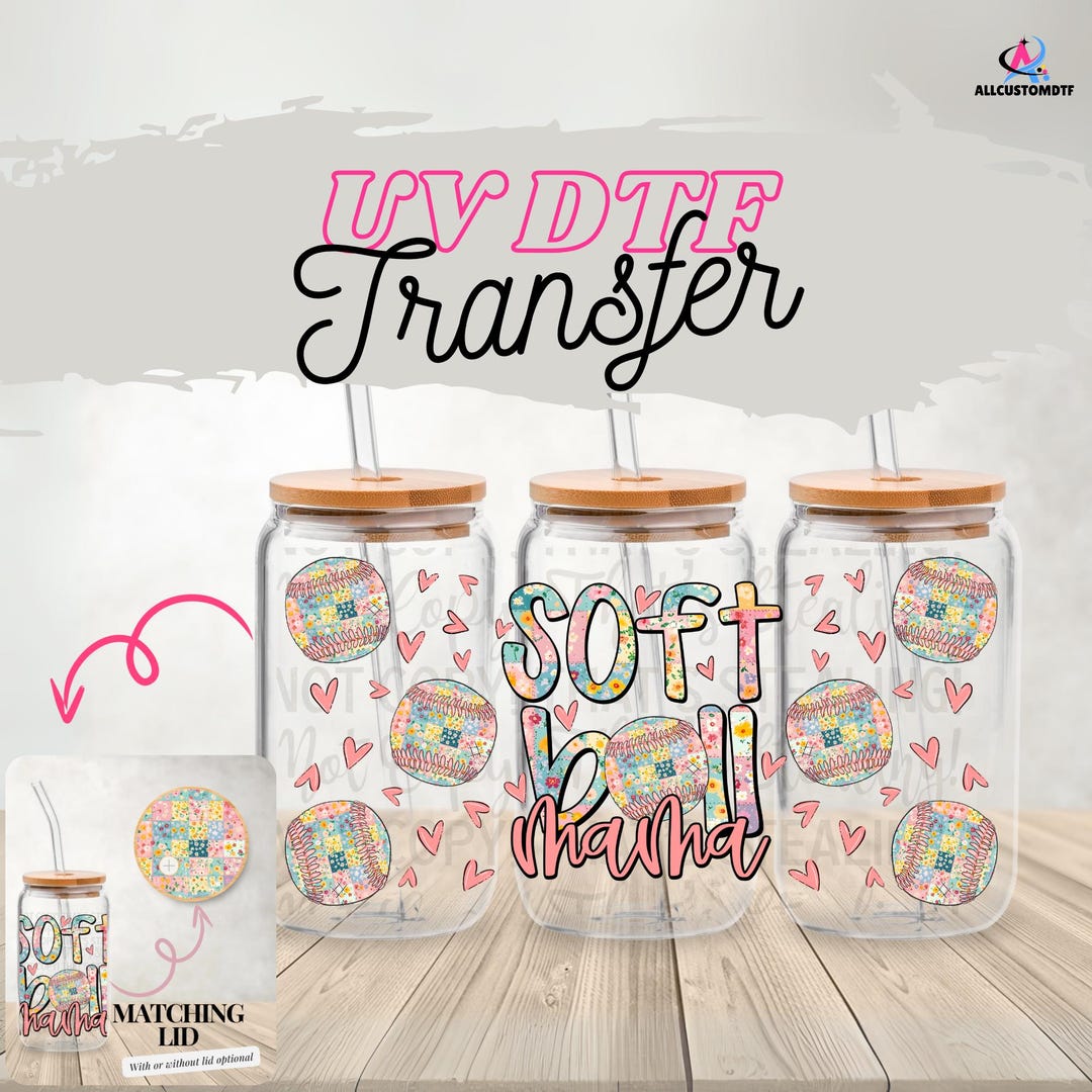 Floral Softball UV DTF Wrap for 16oz Glass | Sports Tumbler Wrap | Optional Lid Wrap | Athletic ...
