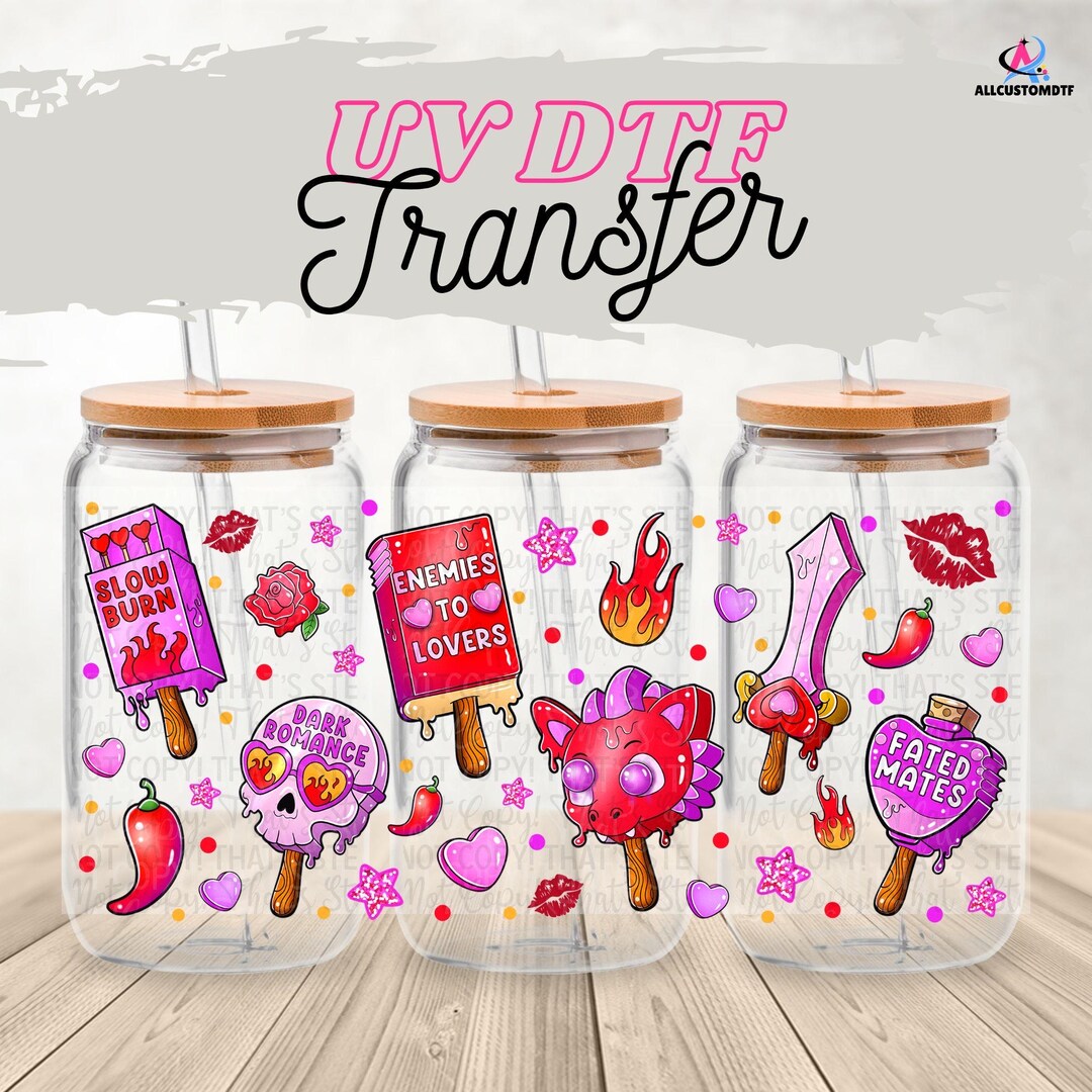Book Tropes 16 Oz Glass Can Wrap | UV DTF Wrap With Optional Lid ...