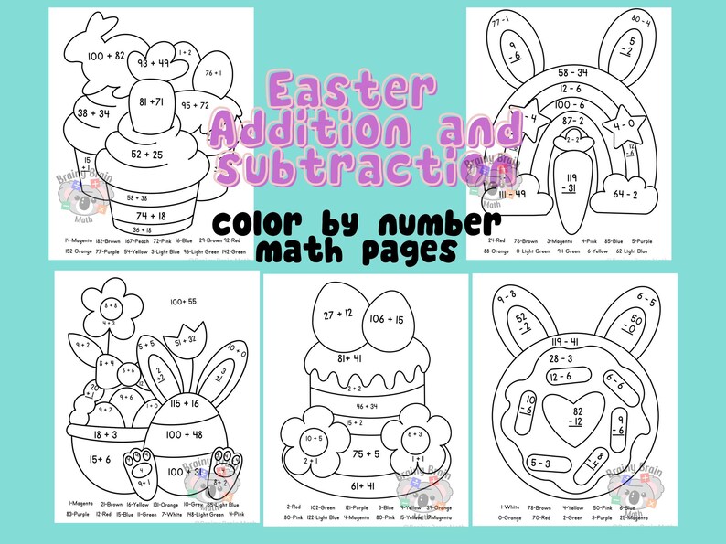 Addition & Subtraction Worksheets (PDF): Easter Math Color by Number - Etsy