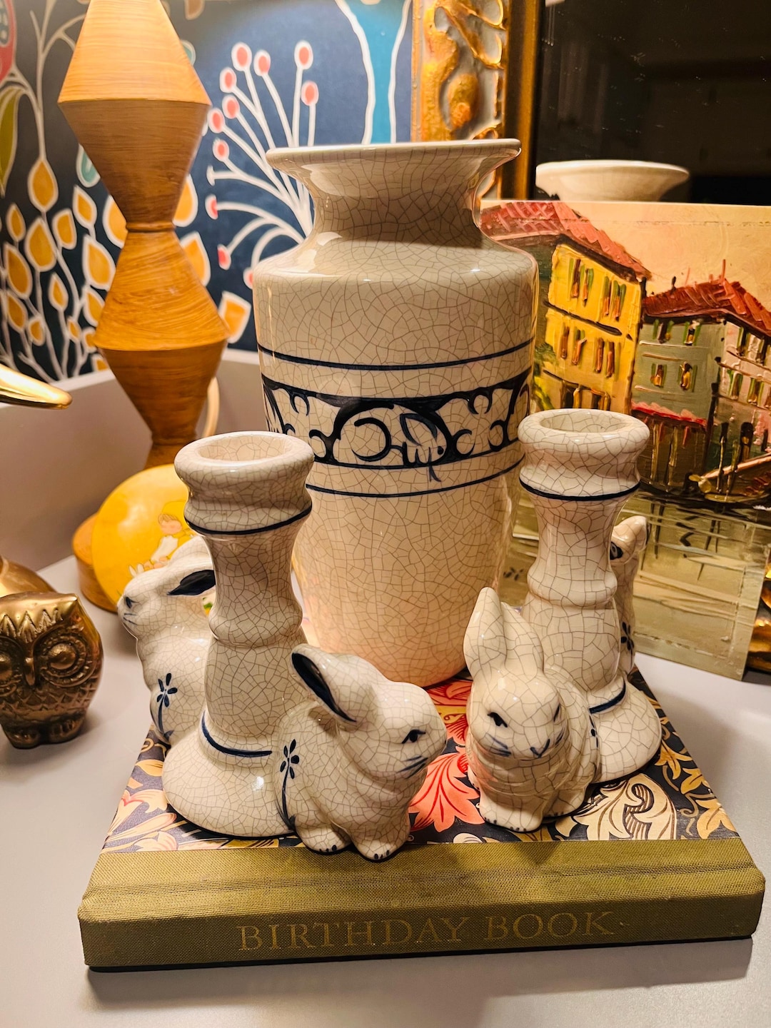 Vintage Dedham the Pottery Shed Blue Crackle Bunny Rabbit Vase 7 in and ...