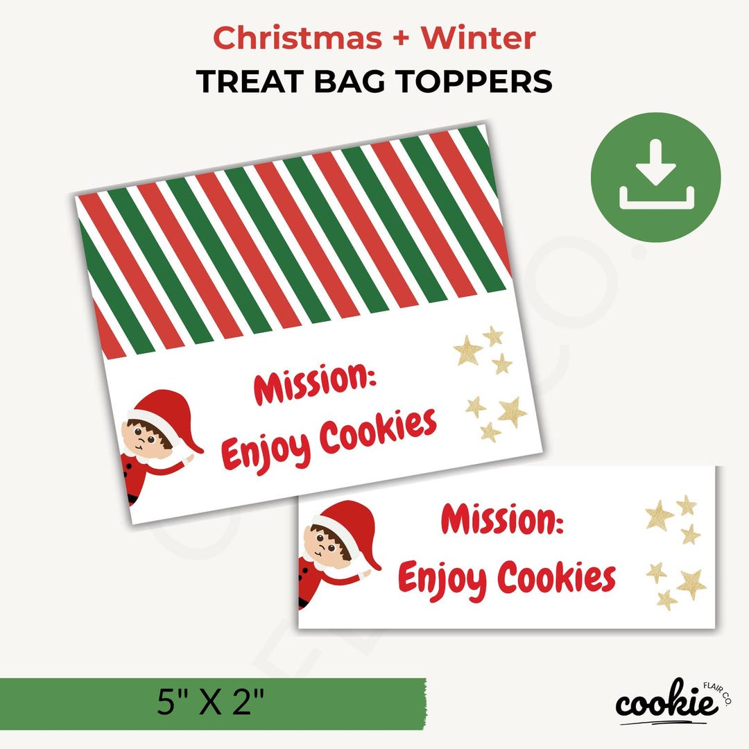 Christmas Elf Treat Bag Topper: "enjoy Cookies" Design, 5x2" Printable ...