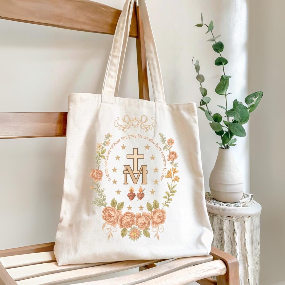 Marian Cross Bag Miraculous Medal Watercolor Virgin Mary Tote Bag Gift ...