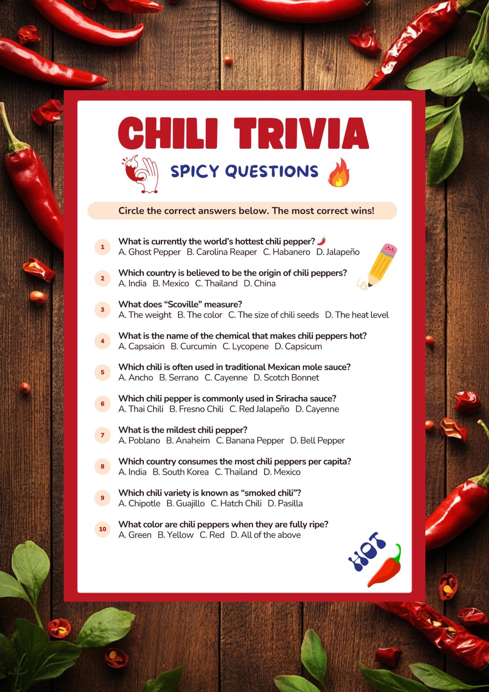 Chili Trivia Game | Chili Cook-off Game | Chili Printable | Chili ...