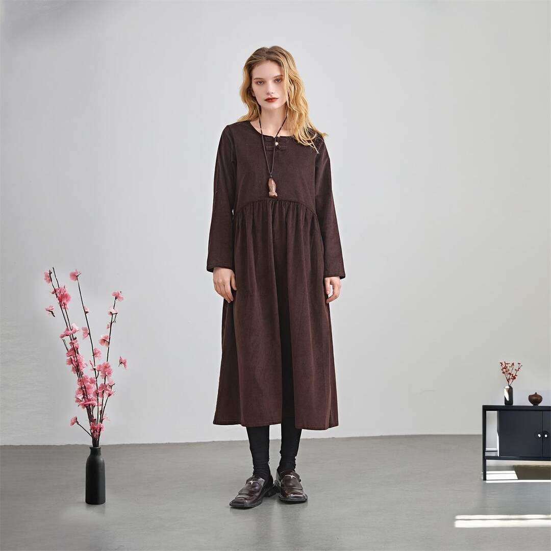 Thick Cotton Corduroy Dress Long Sleeves Tunics Dress Loose Warm Dress ...