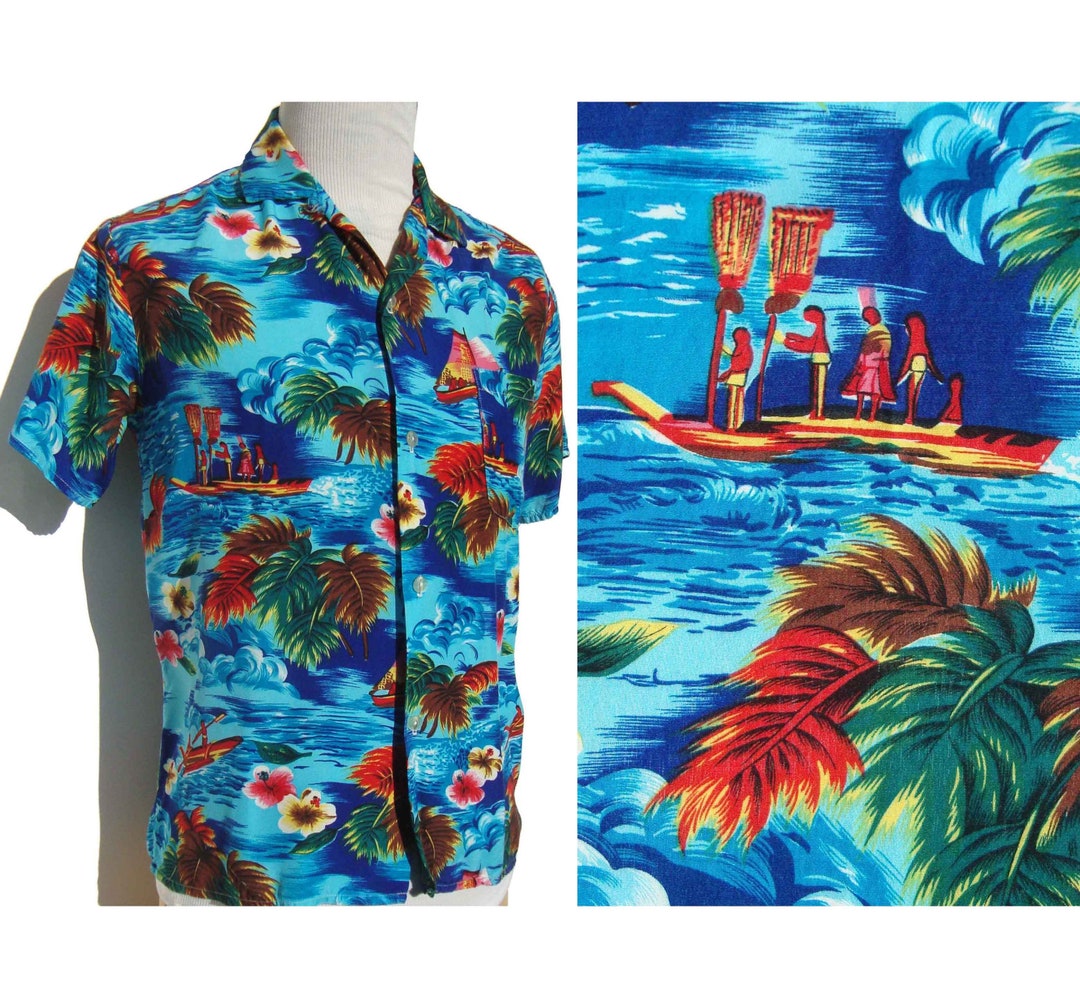 Vintage 80s Aloha Shirt Blue Hawaiian Novelty Print L - Etsy