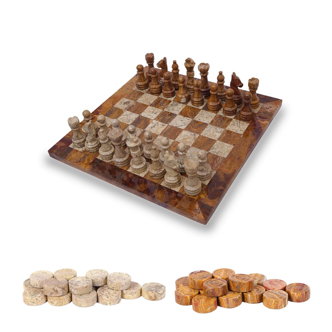 Marble Chess Set With Checkers Black and White Stone Board 12" 15 ...