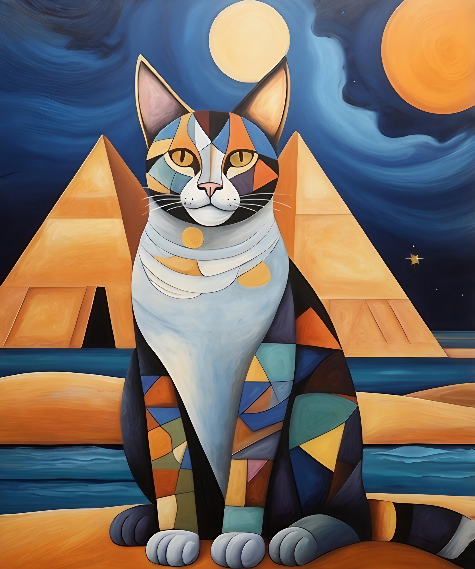 Geometric Cat Canvas Art - Abstract Egyptian Desert Print - Cubism ...