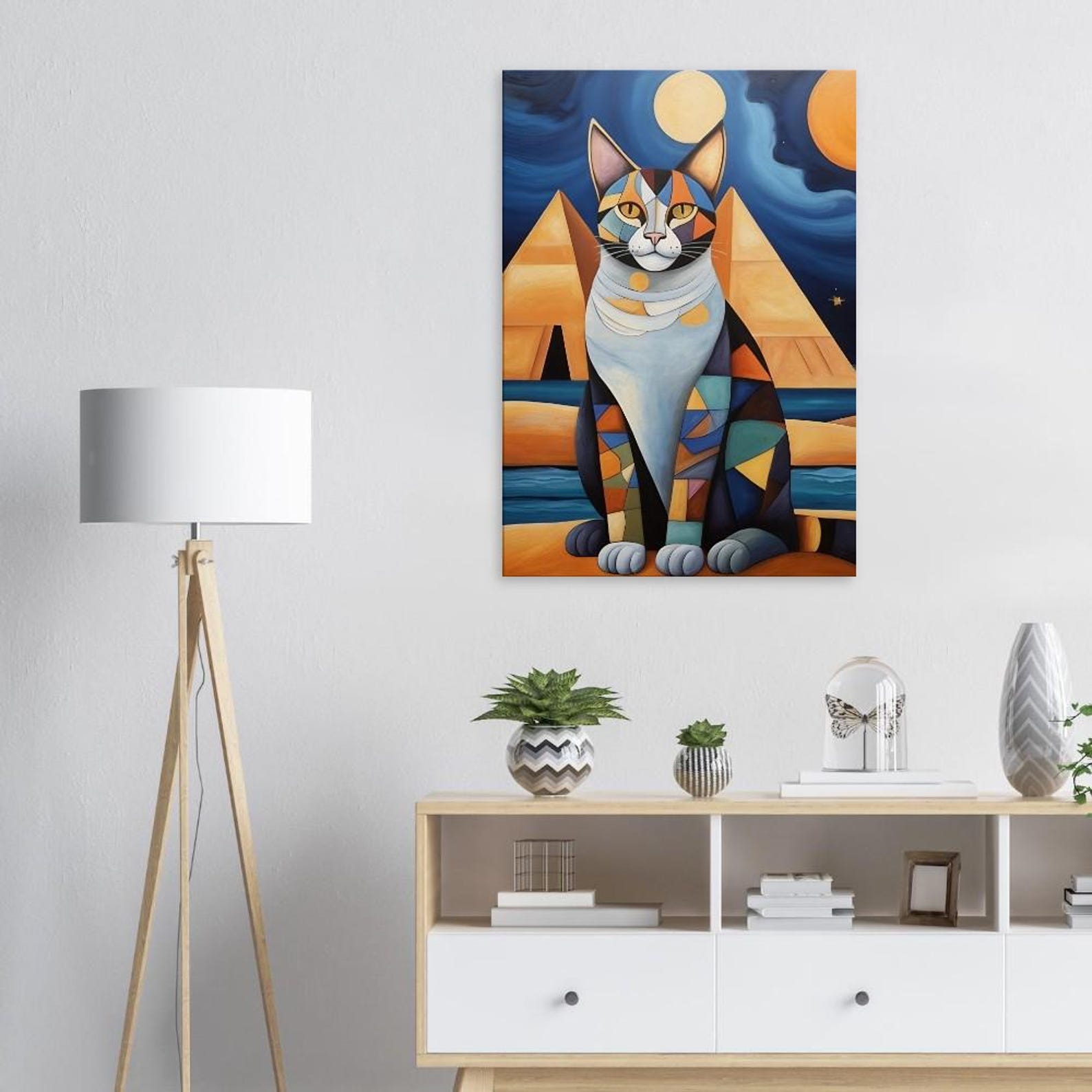 Geometric Cat Canvas Art - Abstract Egyptian Desert Print - Cubism ...