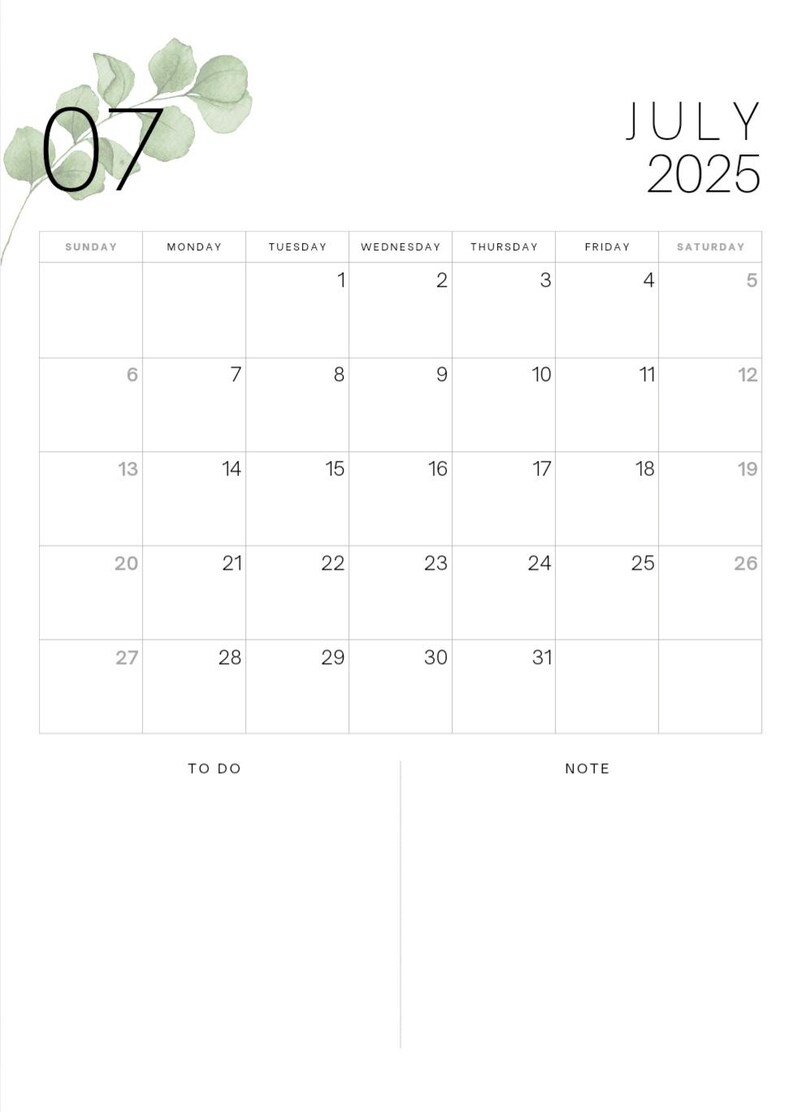 2025 Greenery Calendar - to Do List & Note Sections - Etsy