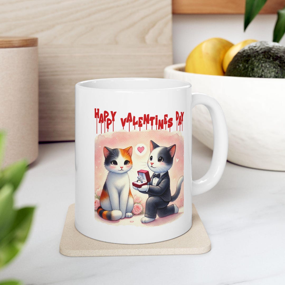 Happy Valentine’s Day Proposal Cat Mug – Romantic Cat Couple Design ...