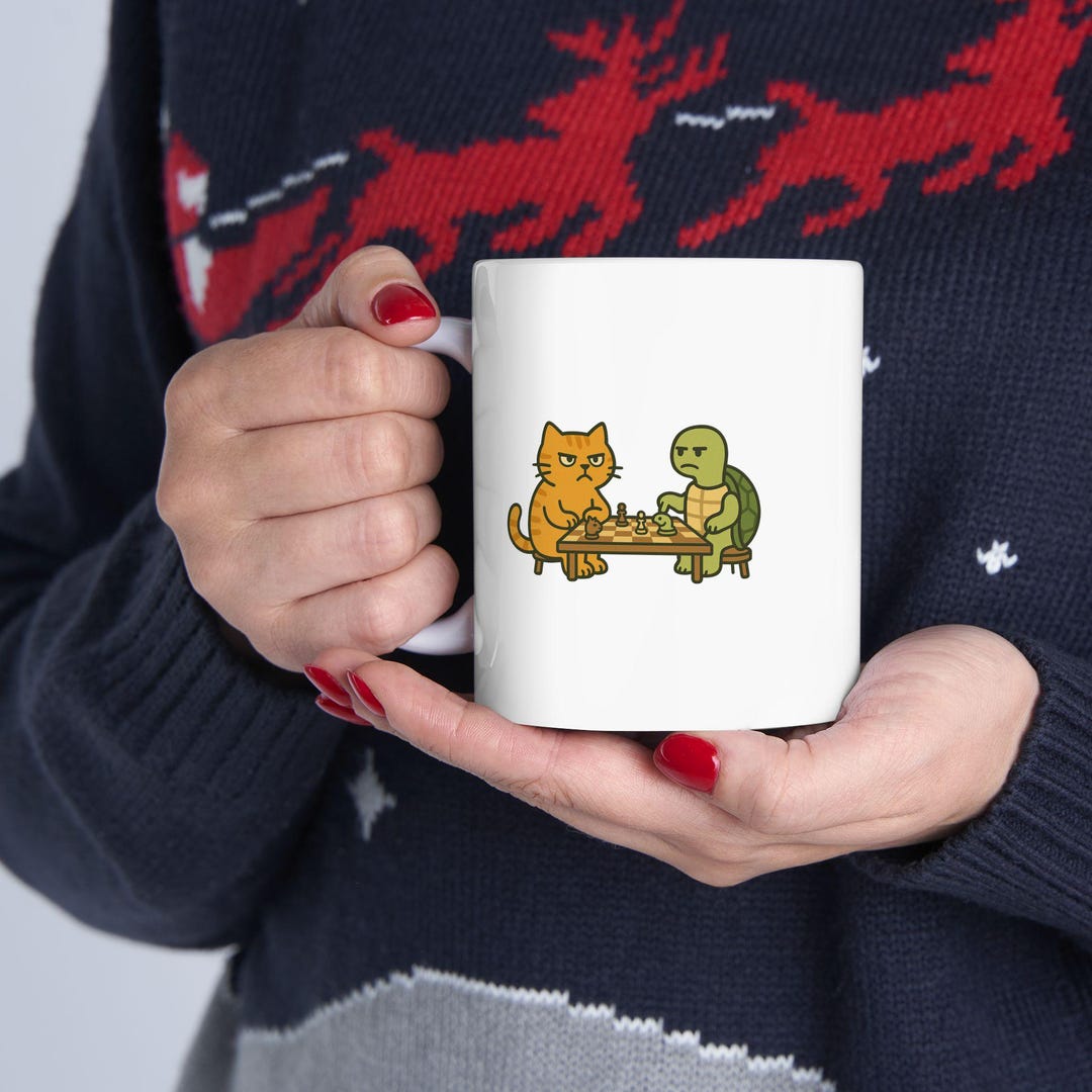 Funny Cat and Turtle Playing Chess Mug, Slow Game Face-off Ceramic ...