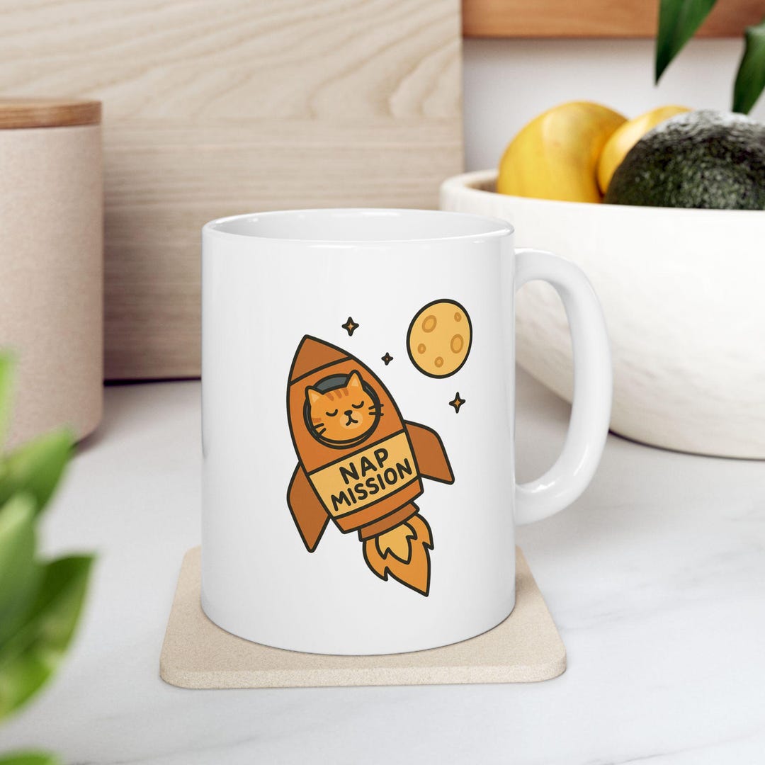 Space Cat Nap Mug, Cute Rocket Cat Ceramic Coffee Cup With Nap Mission ...