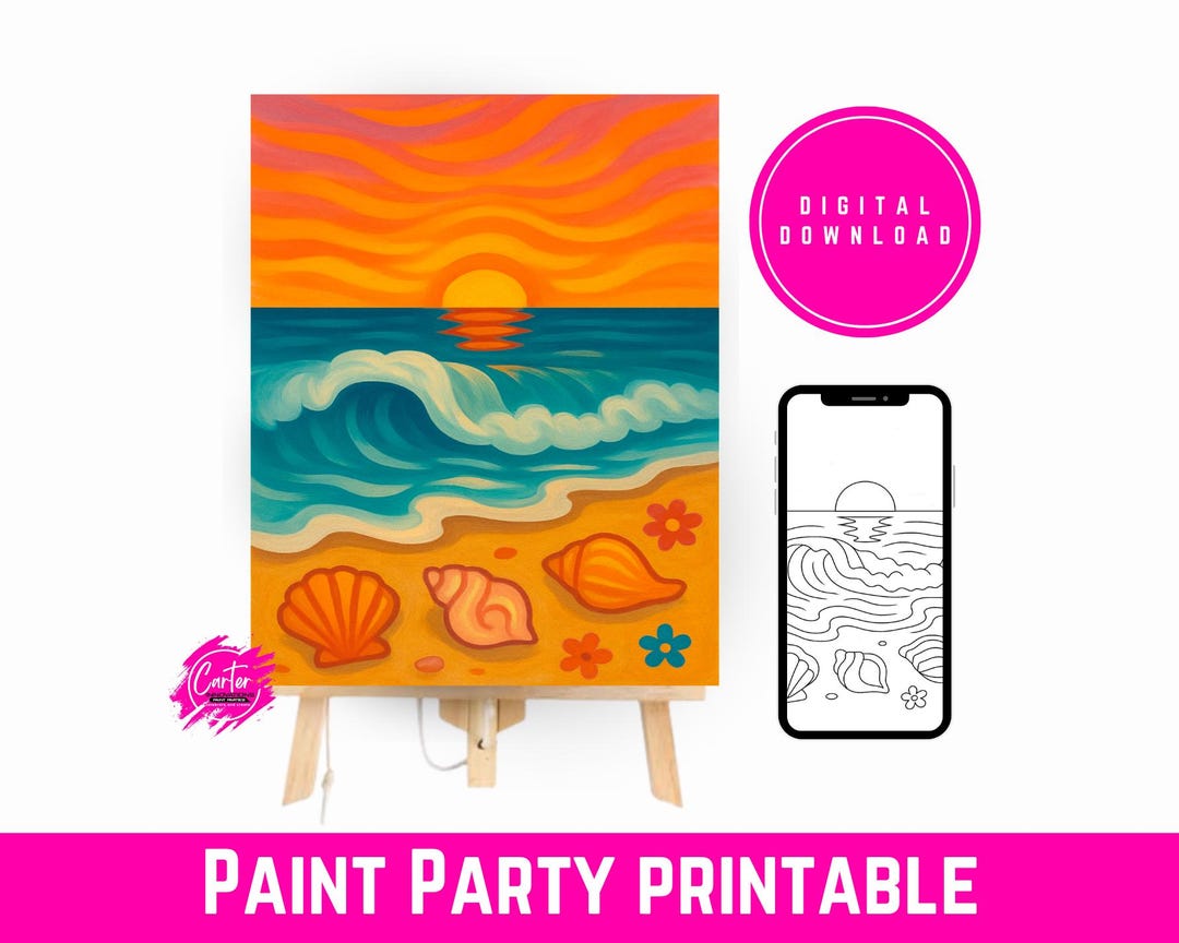 Beach Sunset Paint Party Printable – Digital Download Seashell Ocean ...