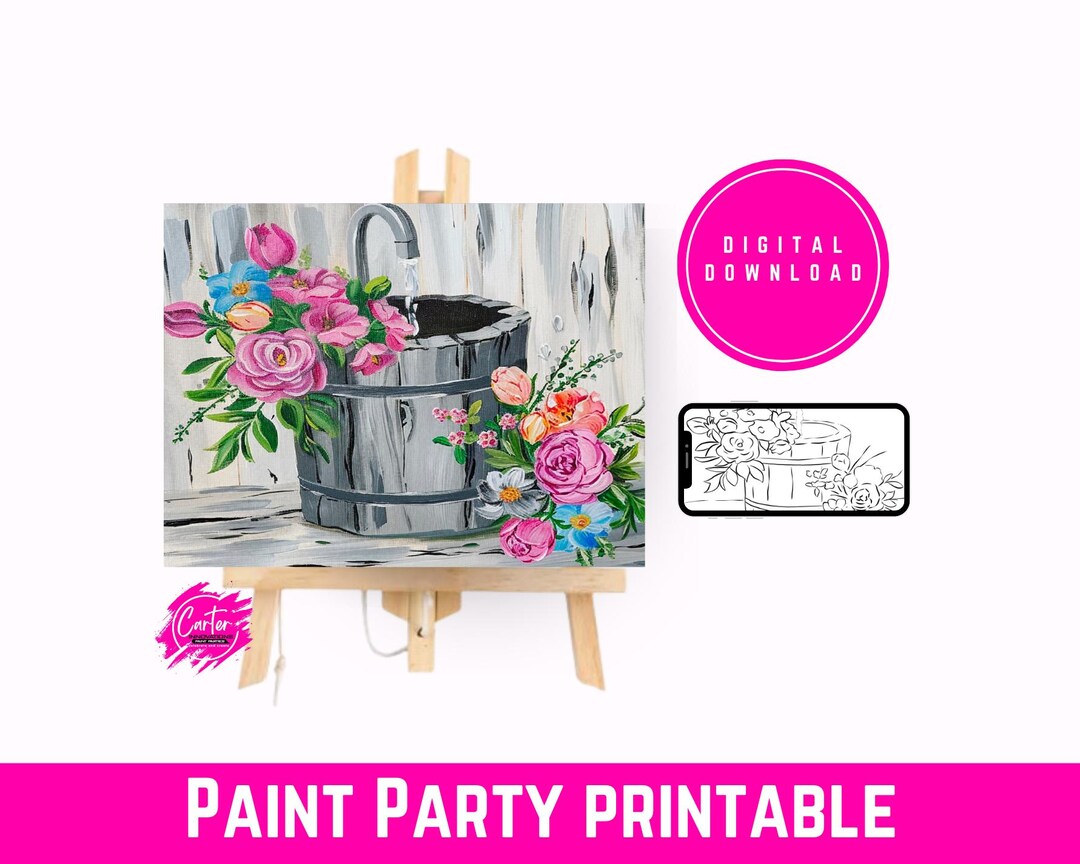 Rustic Water Bucket Floral Outline | Paint Party Printable | Digital ...