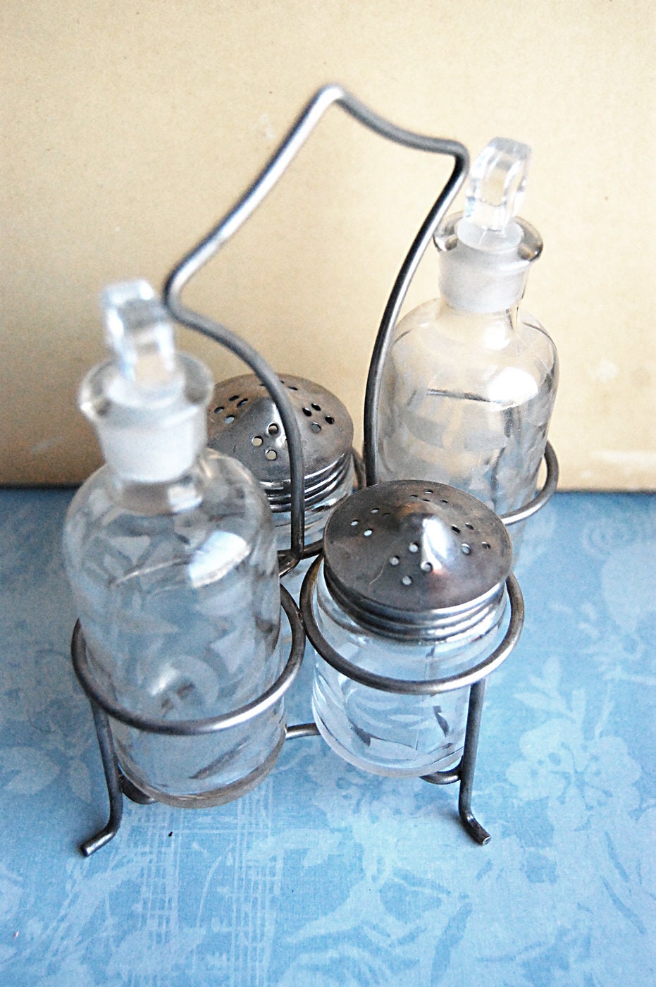 Vintage Cruet Set Frosted Glass and Silver Plate Glass Bottles and Salt ...