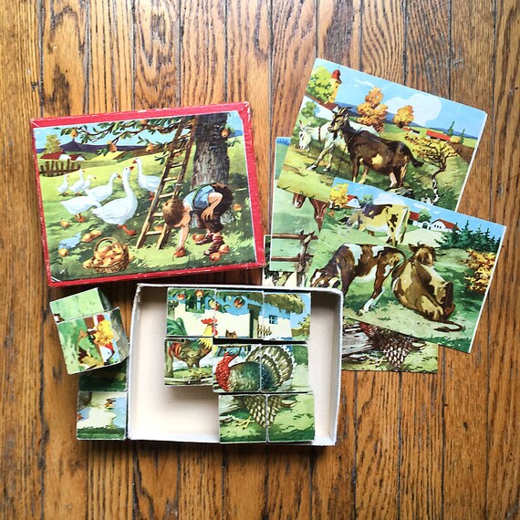 Vintage Wood Block Puzzle Farm Scene With Animals and - Etsy
