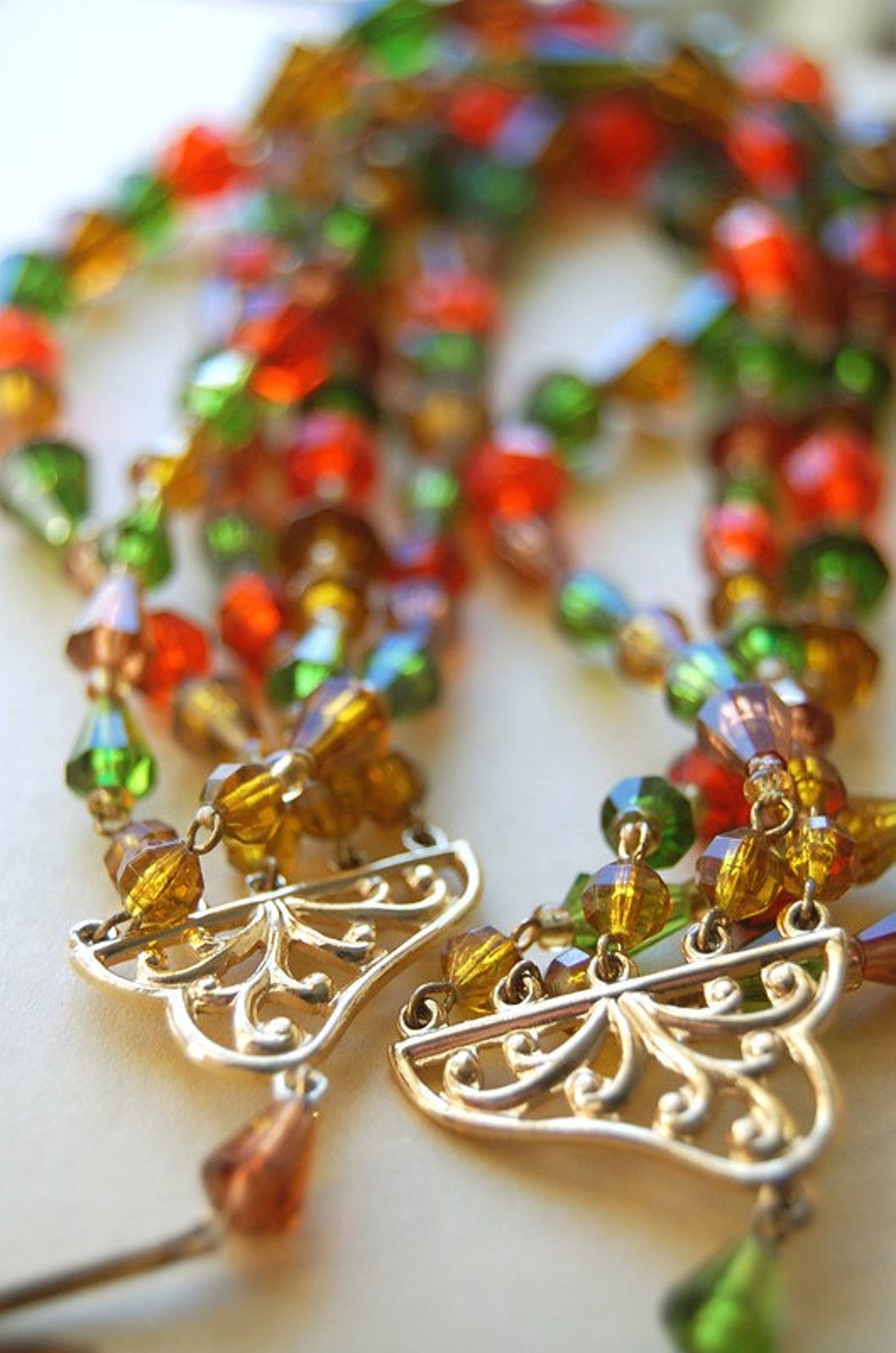 Vintage Five Strand Shiny Retro Necklace With Red Brown Green Yellow ...