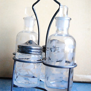 Vintage Cruet Set Frosted Glass and Silver Plate Glass Bottles and Salt ...