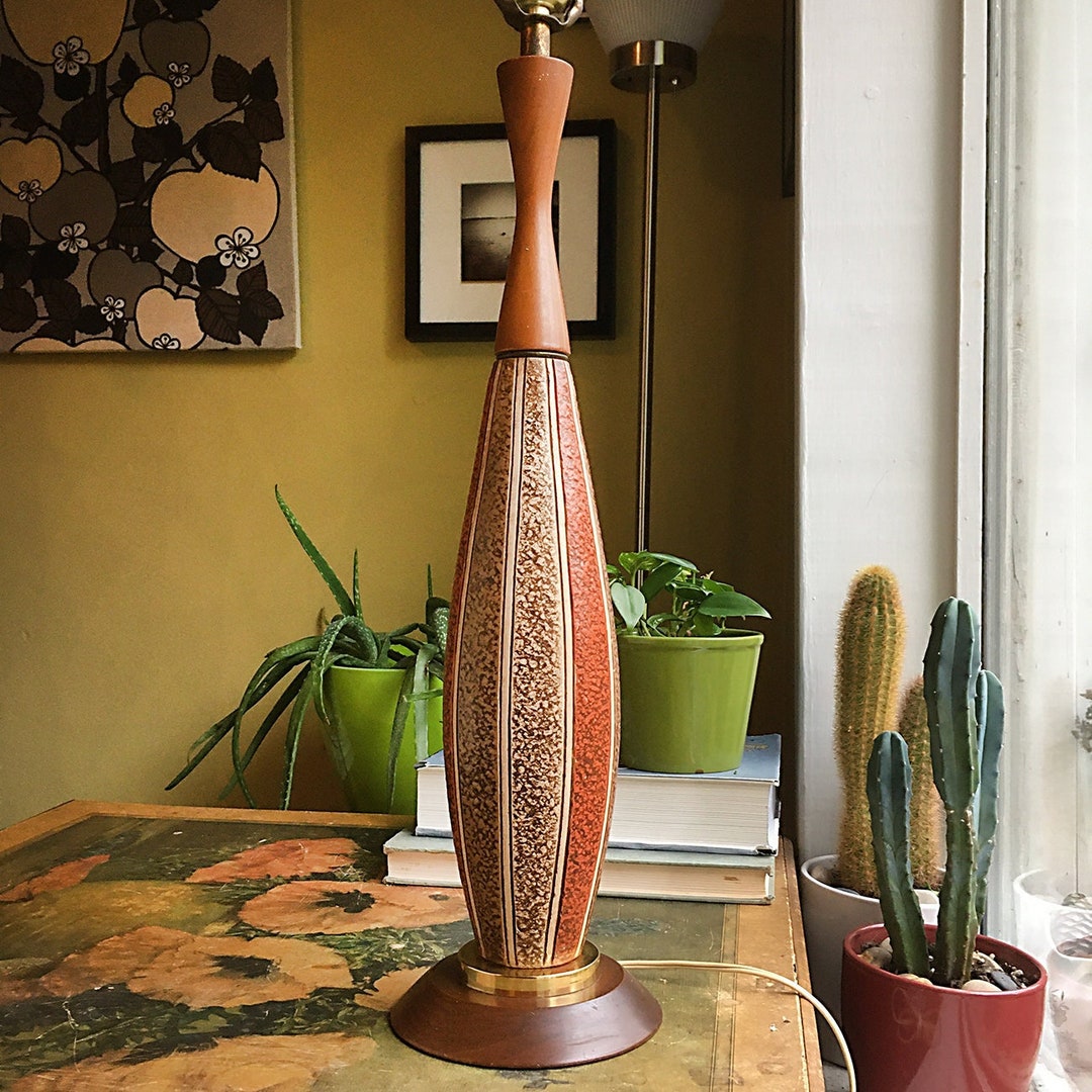 Vintage MCM Table Lamp Textured Ceramic Teak Wood Gold Accent Mid ...