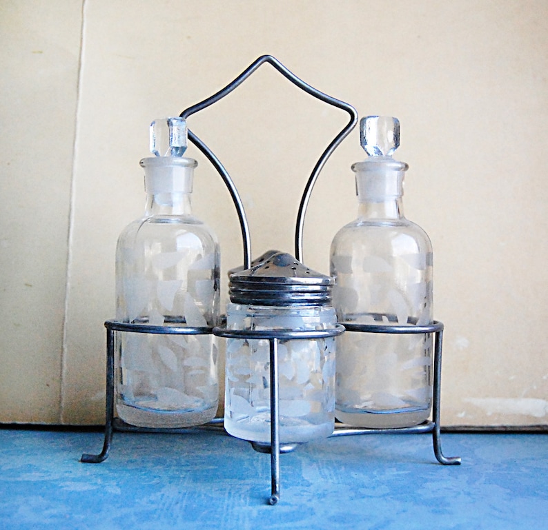 Vintage Cruet Set Frosted Glass and Silver Plate Glass Bottles and Salt ...